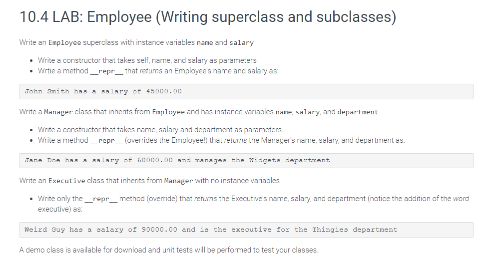Solved 10.4 LAB: Employee (Writing superclass and | Chegg.com