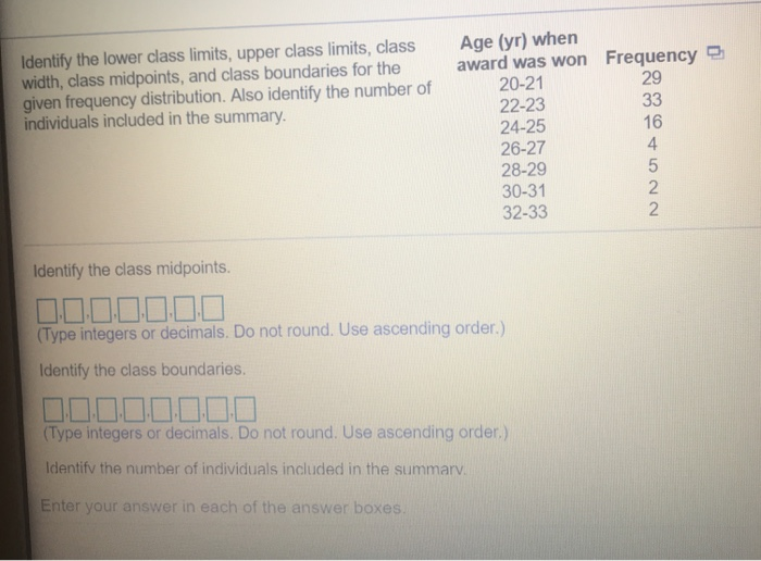 Solved Identify the lower class limits, upper class limits, | Chegg.com