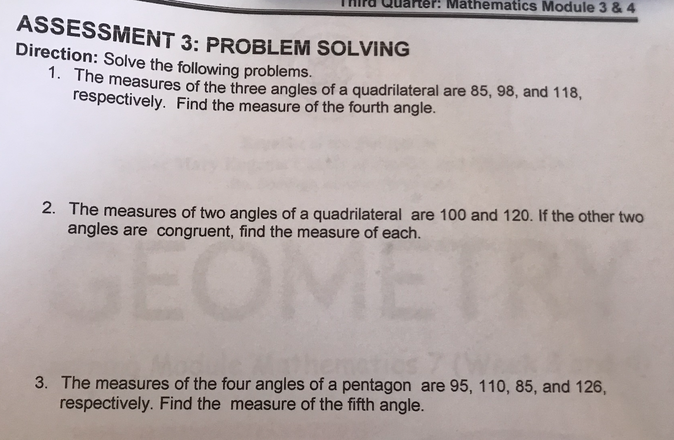 Solved ASSESSMENT 3: PROBLEM SOLVING Quarter: Mathematics | Chegg.com