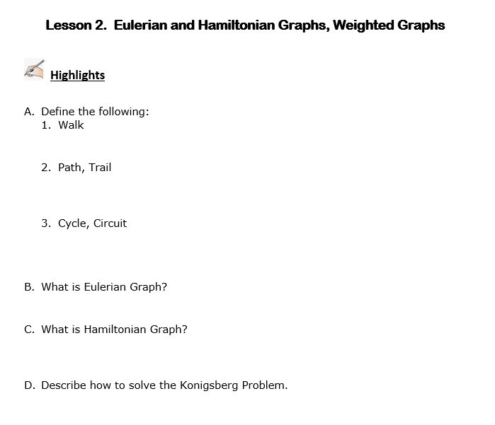 Solved Lesson 2. Eulerian and Hamiltonian Graphs, Weighted | Chegg.com