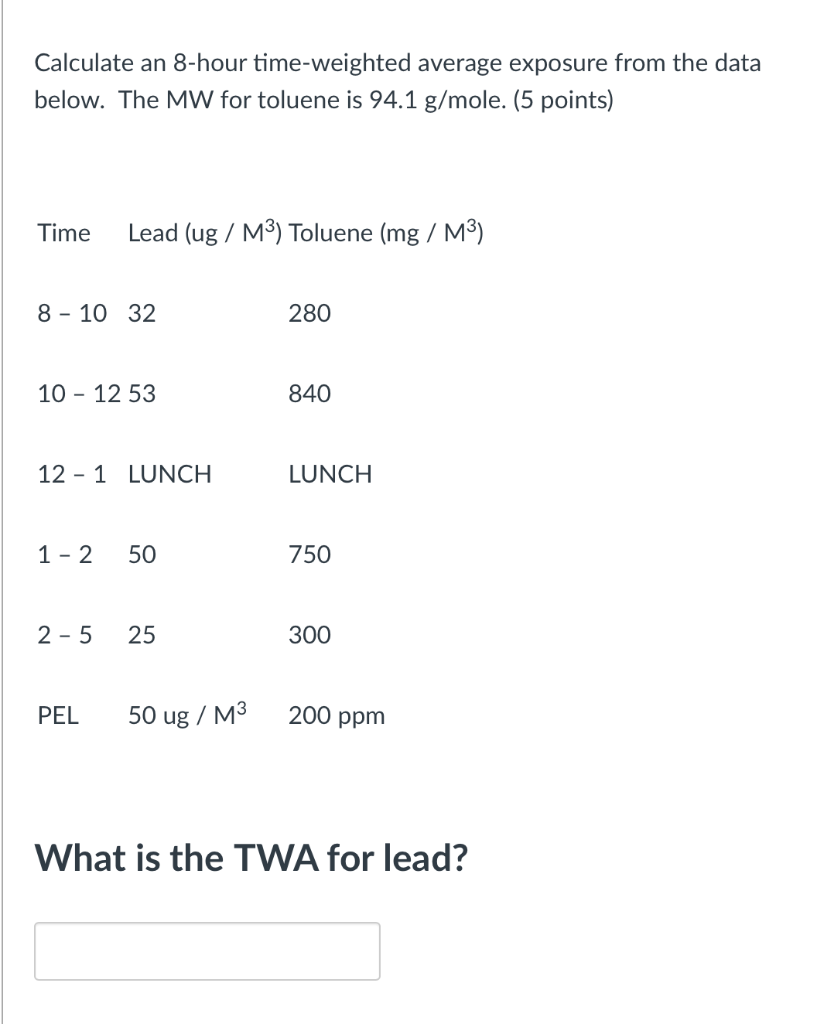 Solved Calculate an 8-hour time-weighted average exposure | Chegg.com