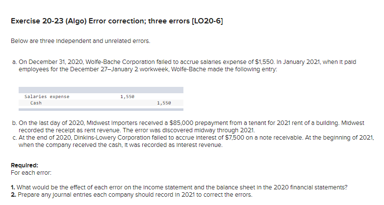 Solved Exercise 20-23 (Algo) Error correction; three errors | Chegg.com