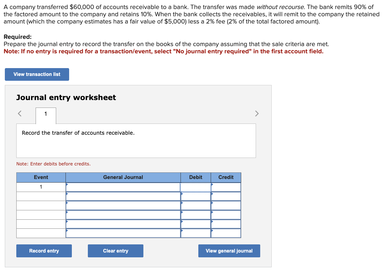 Solved A company transferred $60,000 of accounts receivable | Chegg.com