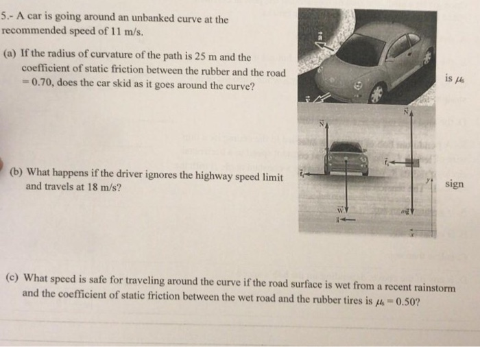 Solved 5- A car is going around an unbanked curve at the | Chegg.com