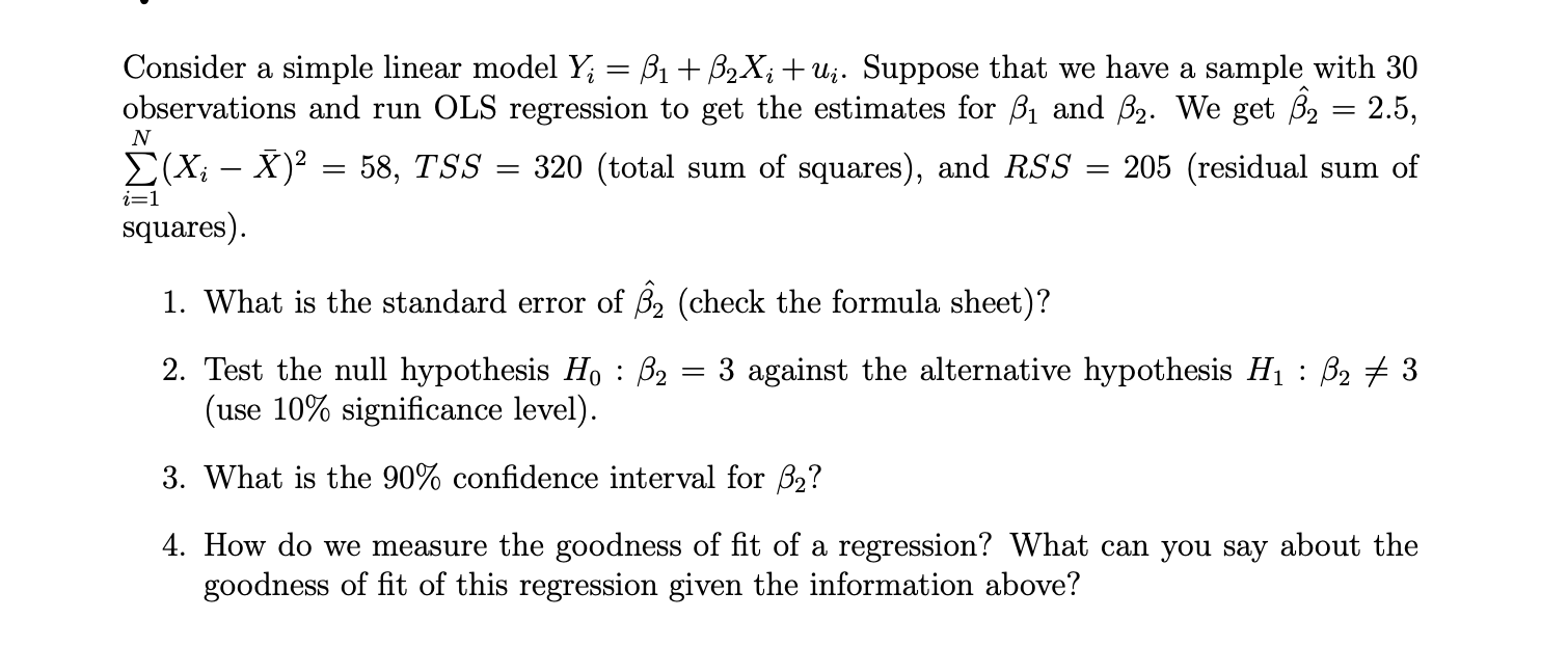 Consider a simple linear model Yi = B1 + B2Xi + Wi. | Chegg.com