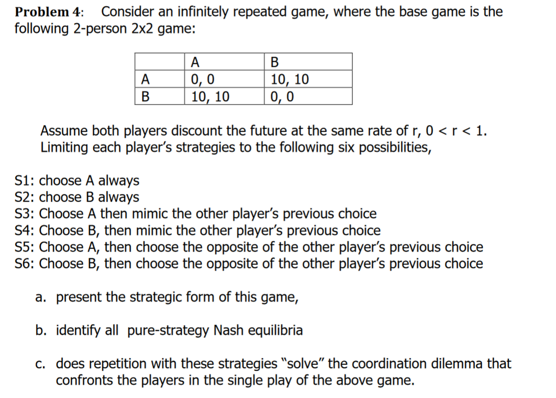 Problem 4: Consider an infinitely repeated game, | Chegg.com