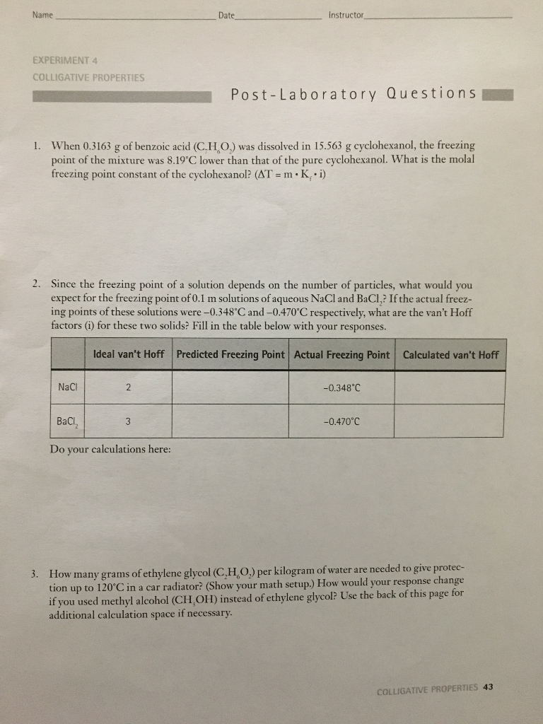Solved Name Date Instructor EXPERIMENT 4 COLLIGATIVE | Chegg.com