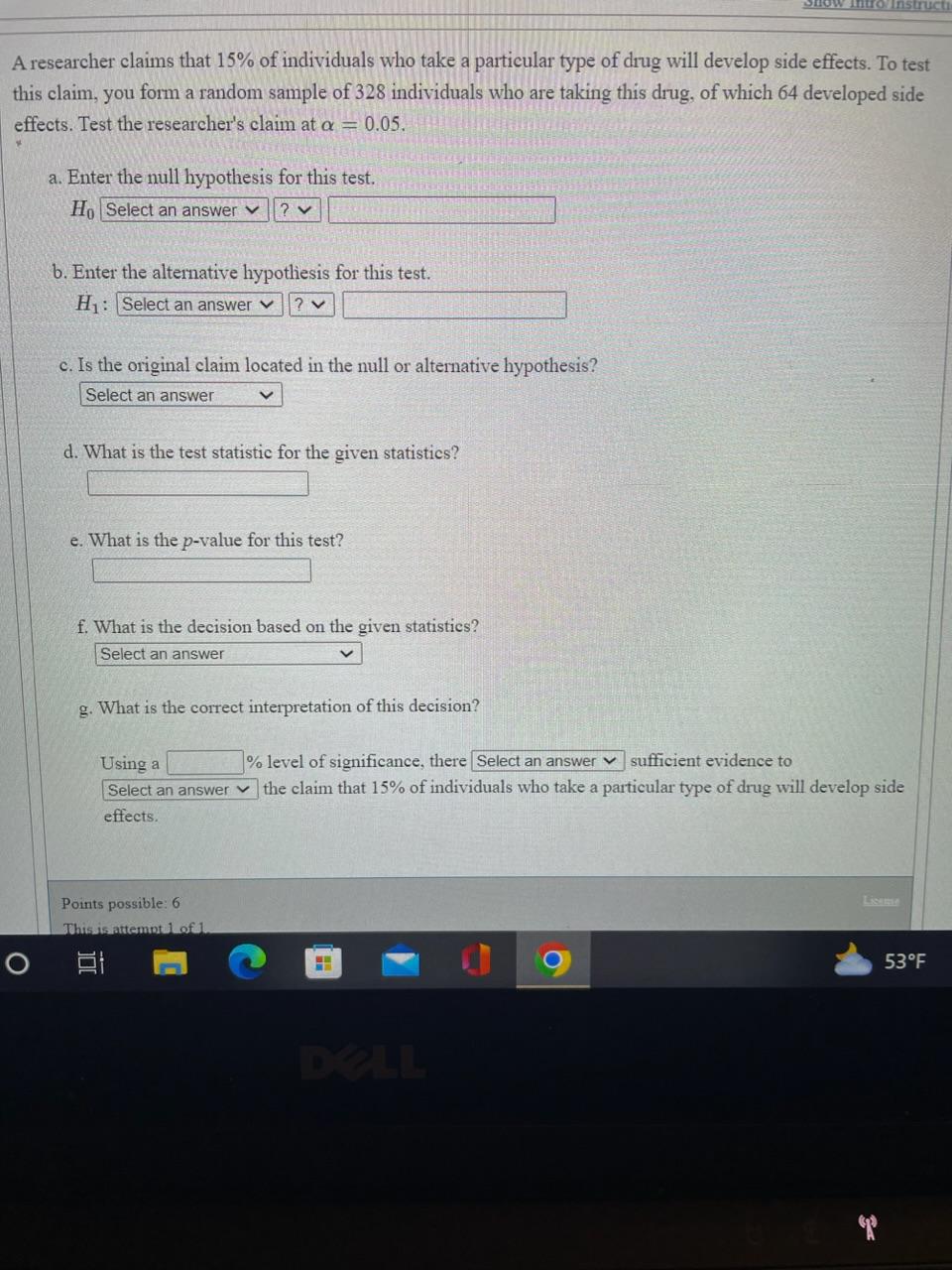 Solved A researcher claims that 15% of individuals who take | Chegg.com