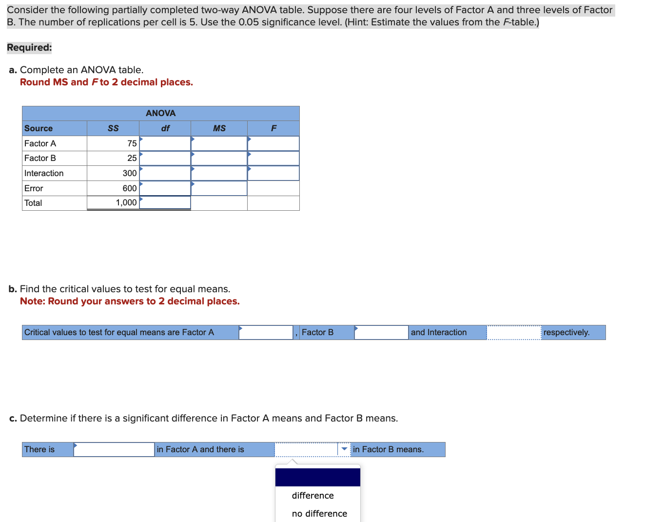 Solved Consider the following partially completed two-way | Chegg.com