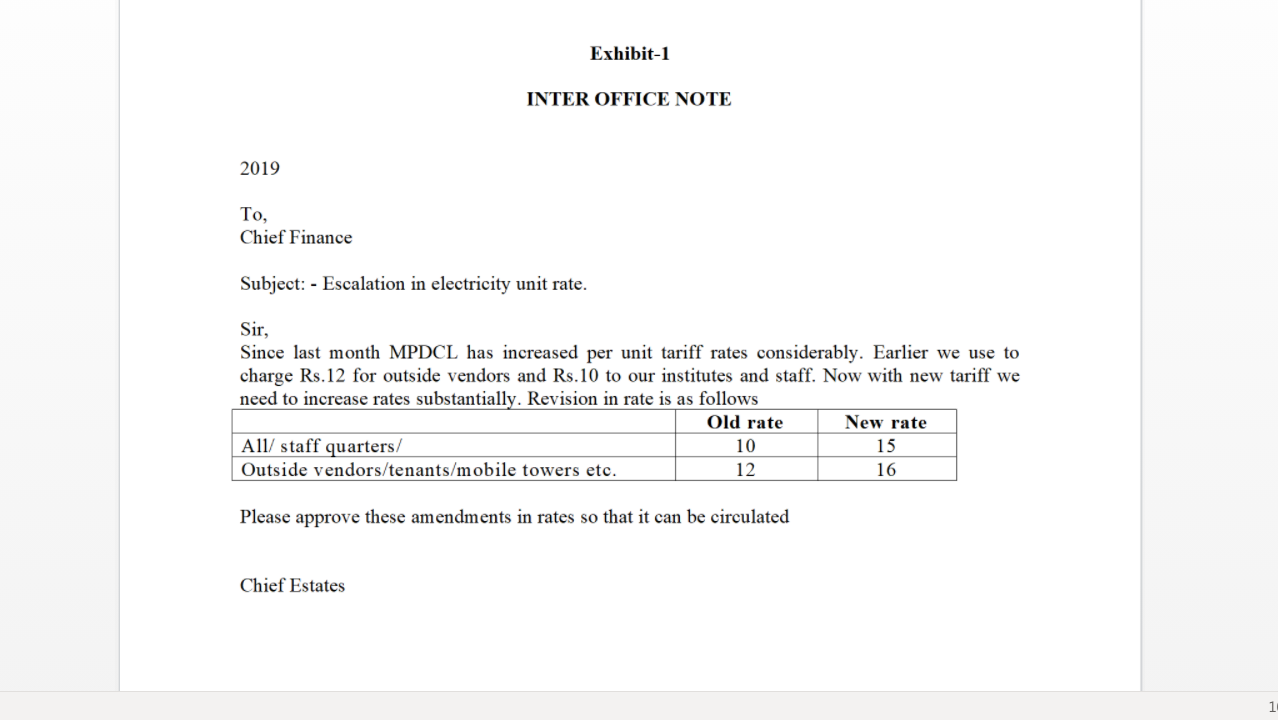 Solved Exhibit-1 INTER OFFICE NOTE 2019 To, Chief Finance | Chegg.com