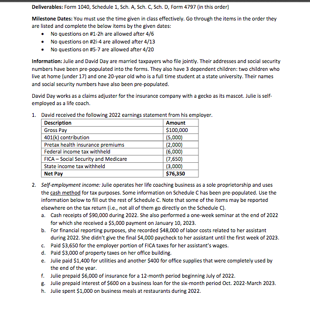 Deliverables: Form 1040, Schedule 1, Sch. A, Sch. C, | Chegg.com