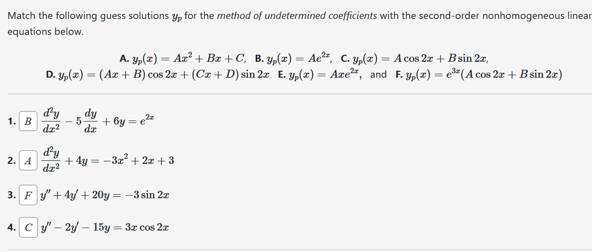 Solved Match the following guess solutions yp for the method | Chegg.com