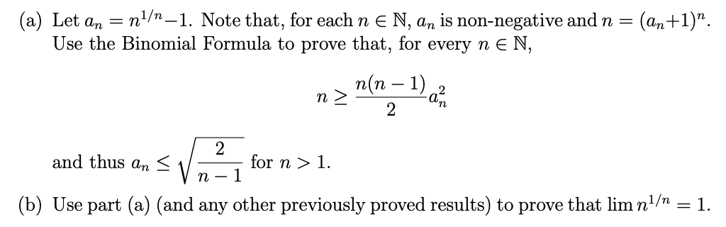 Solved (a) ﻿Let an=n1n-1. ﻿Note that, for each n ﻿in N, an | Chegg.com