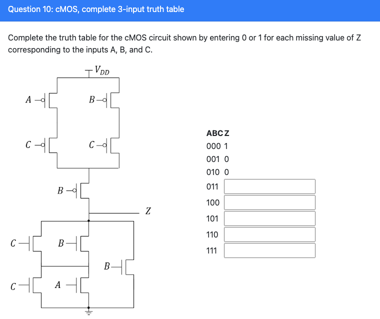 Solved Complete the truth table for the cMOS circuit shown | Chegg.com