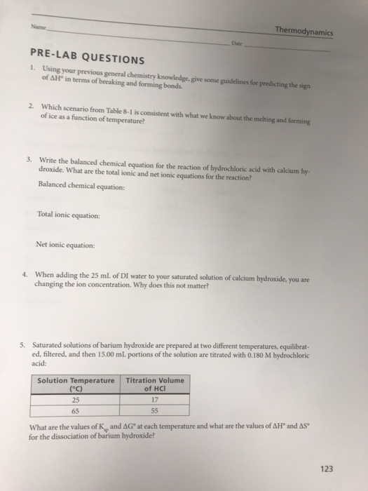 Solved Thermodynamics Date PRE-LAB QUESTIONS 1. Using your | Chegg.com