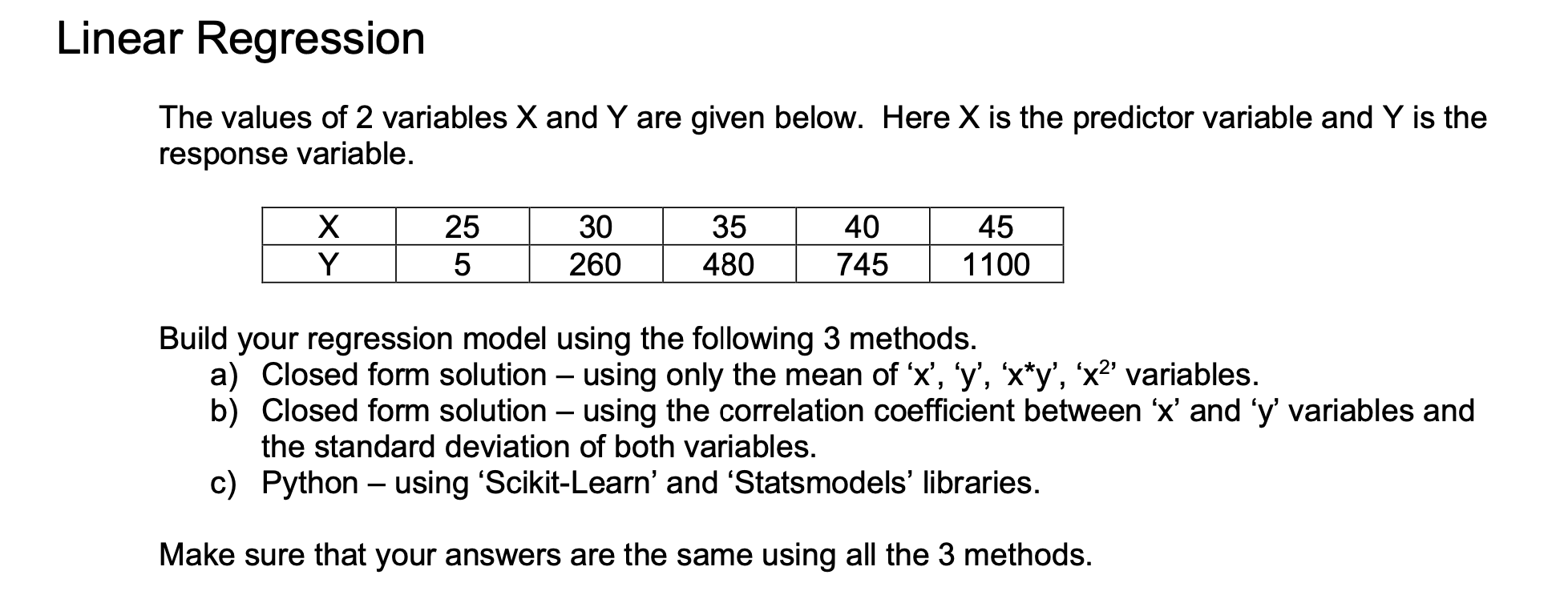 Solved Linear Regression The values of 2 variables X and Y | Chegg.com