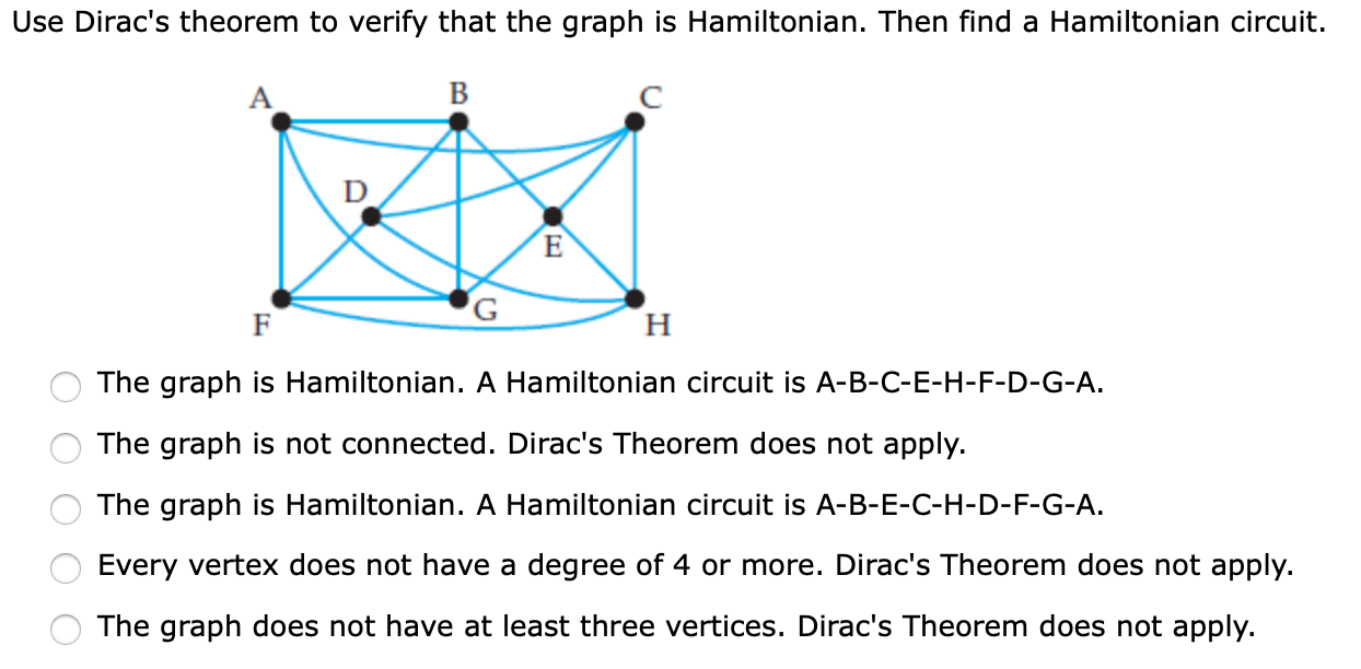 Solved Use Dirac's theorem to verify that the graph is | Chegg.com