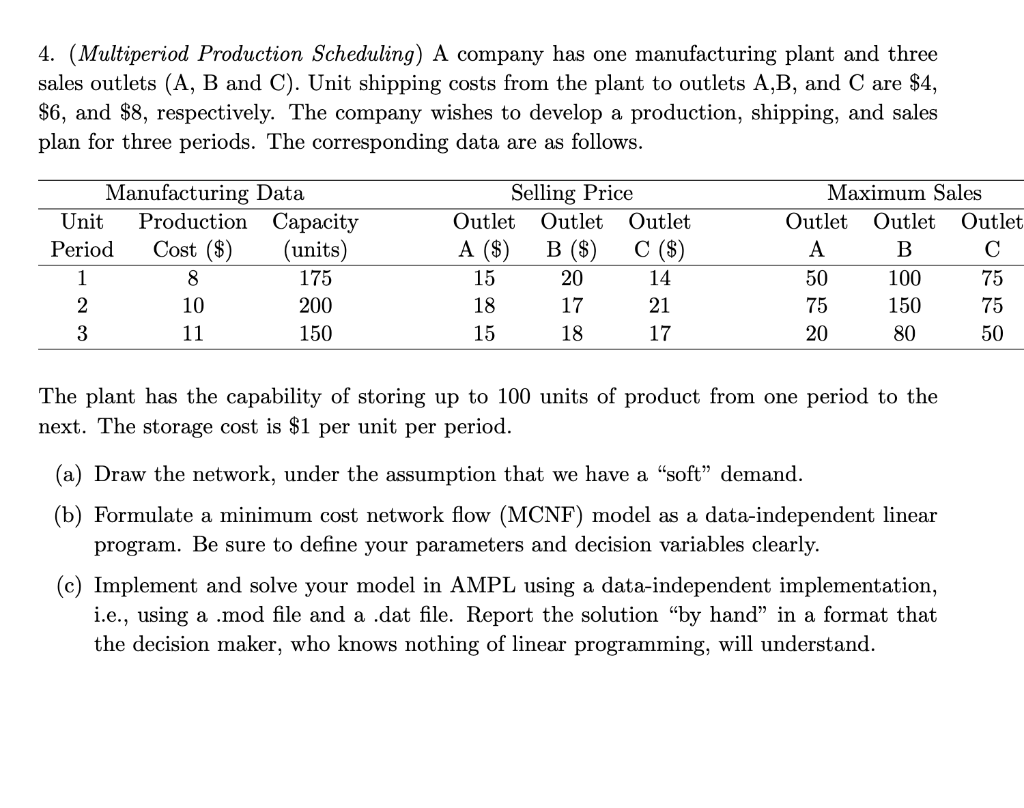 4. (Multiperiod Production Scheduling) A company has | Chegg.com
