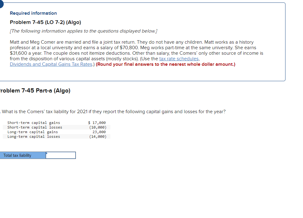 Solved Required information Problem 7-45 (LO 7-2) (Algo) | Chegg.com