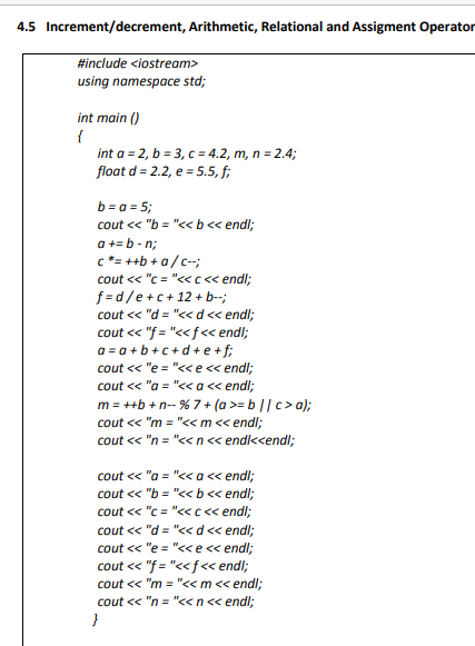Solved 4.5 Increment/decrement, Arithmetic, Relational | Chegg.com