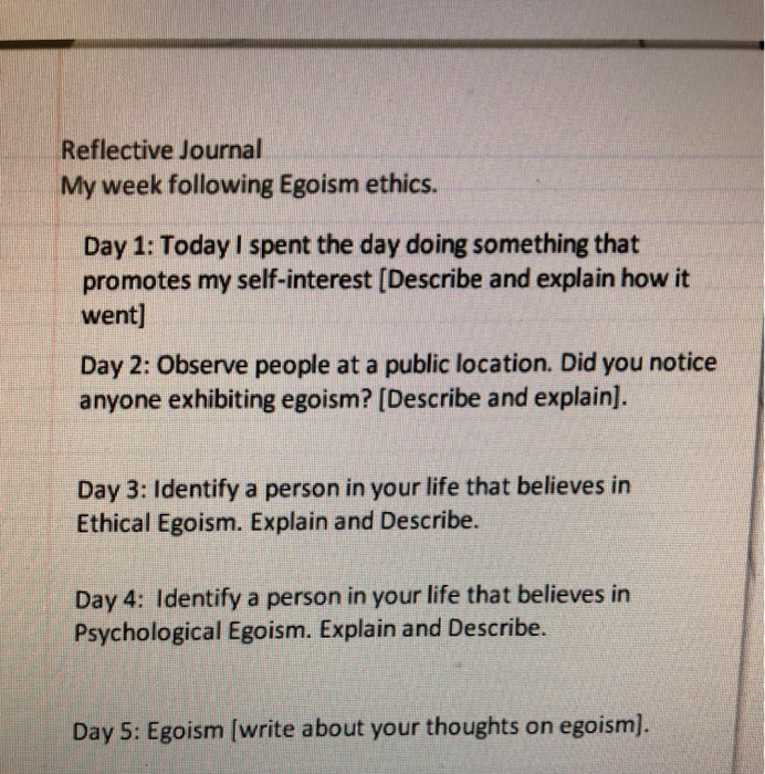 Solved Reflective Journal My week following Egoism ethics. | Chegg.com