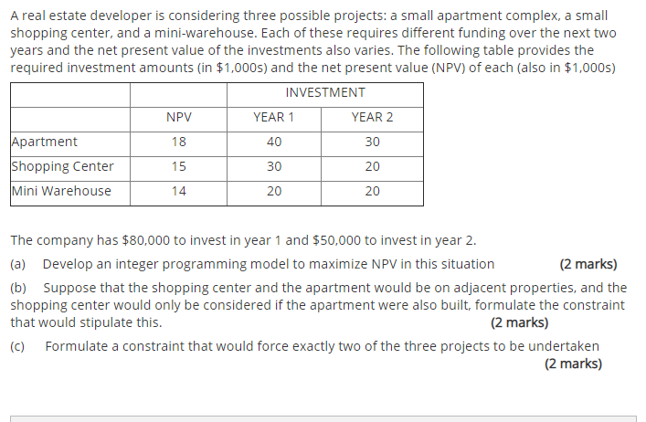 Solved A real estate developer is considering three possible | Chegg.com