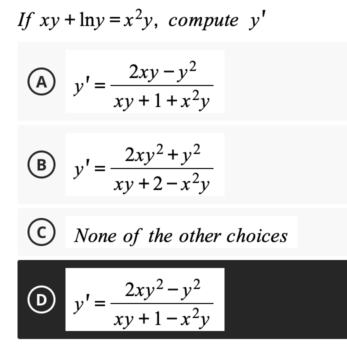 Solved If xy+lny=x2y, ﻿compute | Chegg.com
