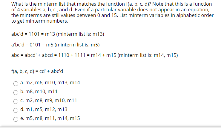 Solved What is the minterm list that matches the function | Chegg.com