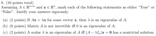 Solved 8. (10 points total ) Assuming A∈Rn×n and x∈Rn, mark | Chegg.com