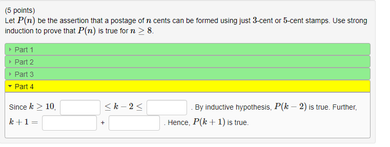 Solved (5 points) Let P(n) be the assertion that a postage | Chegg.com
