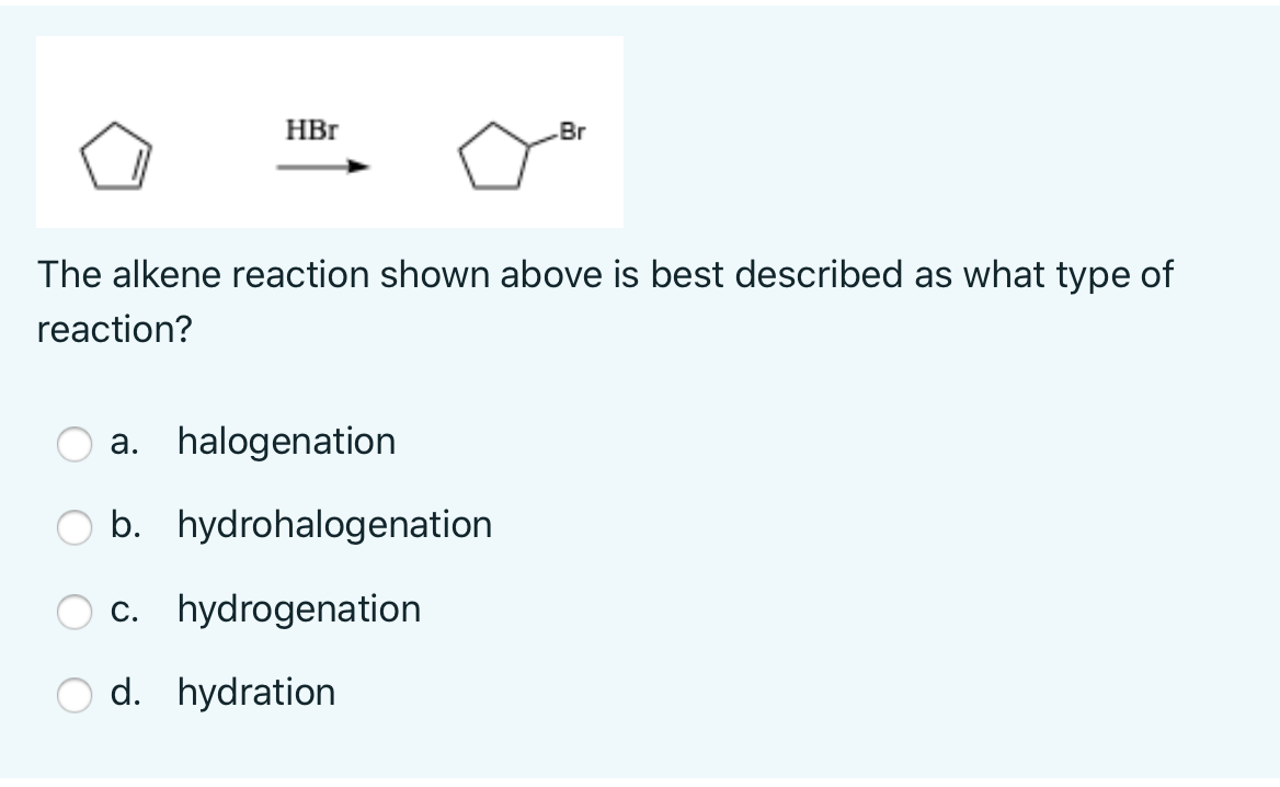 Solved HBr Br The alkene reaction shown above is best | Chegg.com