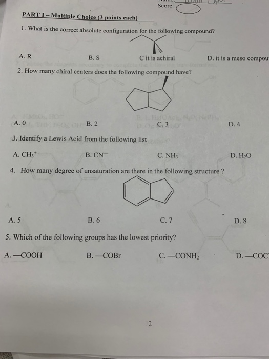 Solved Score PARTİ-Multiple choice (3 points each) - . What | Chegg.com