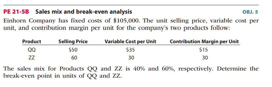 Solved Example Exercise 21-5 Sales Mix and Break-Even | Chegg.com