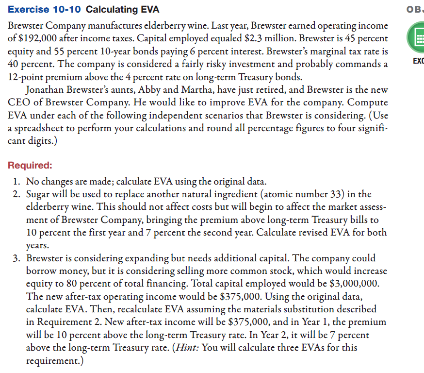 Solved Exercise 10-10 Calculating EVA Brewster Company | Chegg.com