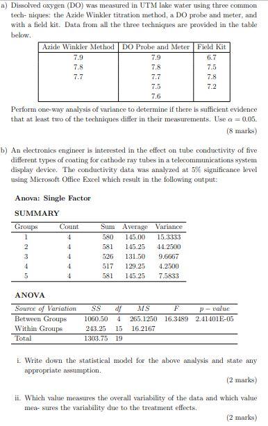 Solved a) Dissolved oxygen (DO) was measured in UTM lake | Chegg.com