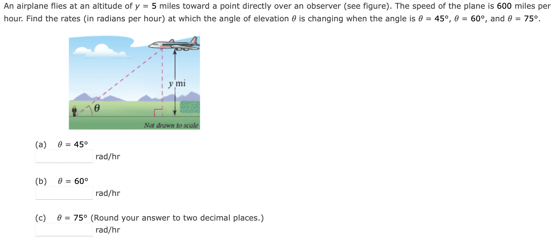 Solved An airplane flies at an altitude of y=5 miles toward | Chegg.com