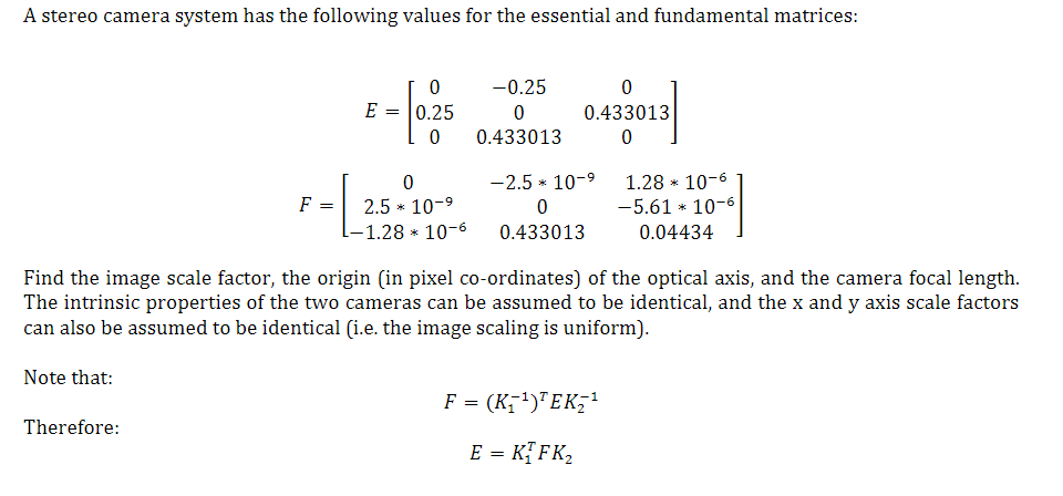 Solved A stereo camera system has the following values for | Chegg.com