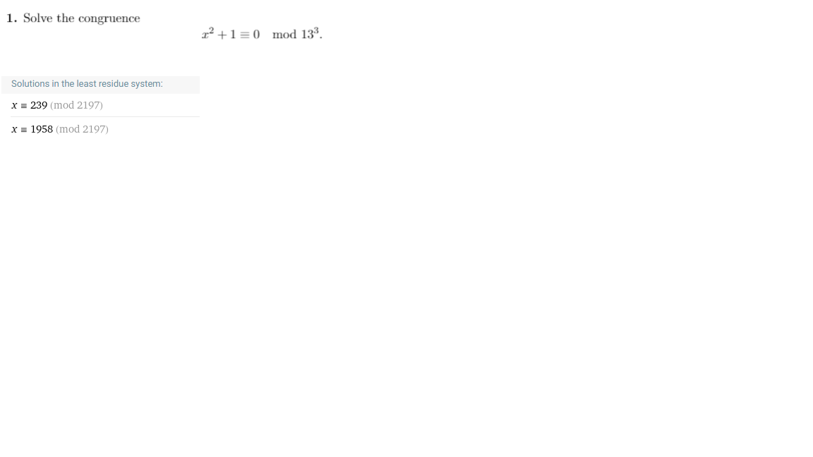 Solved 1. Solve the congruence 22 +1 = 0 mod 133. Solutions | Chegg.com
