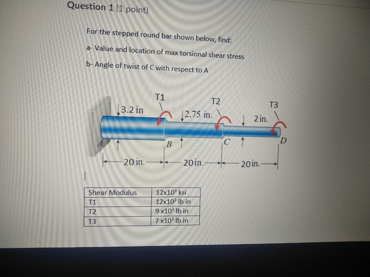 Solved Question 1 (1 point) For the stepped round bar shown | Chegg.com