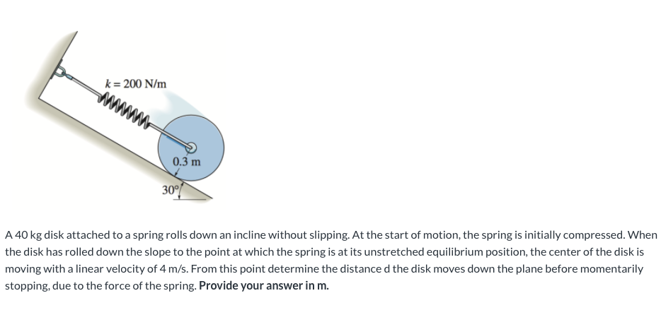 Solved k = 200 N/m 0.3 m 30° A 40 kg disk attached to a | Chegg.com