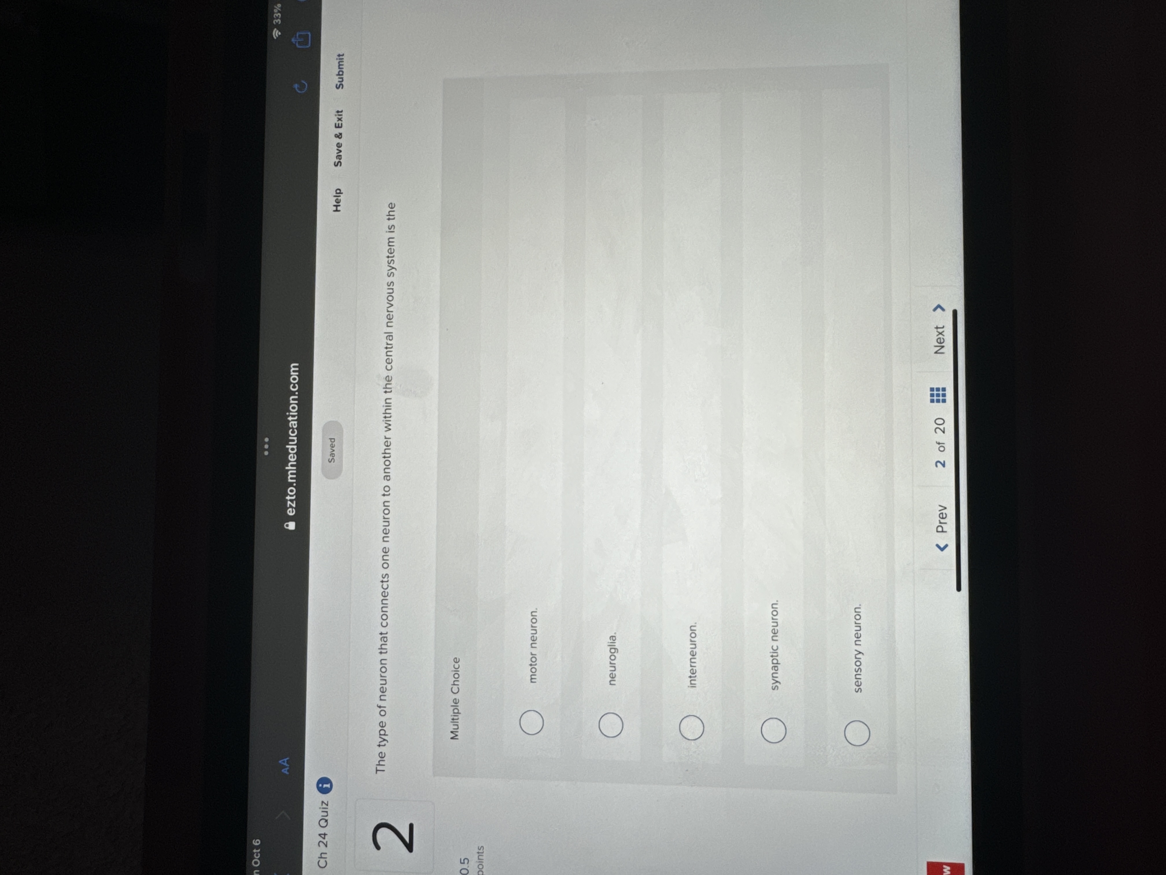 Solved The type of neuron that connects one neuron to | Chegg.com