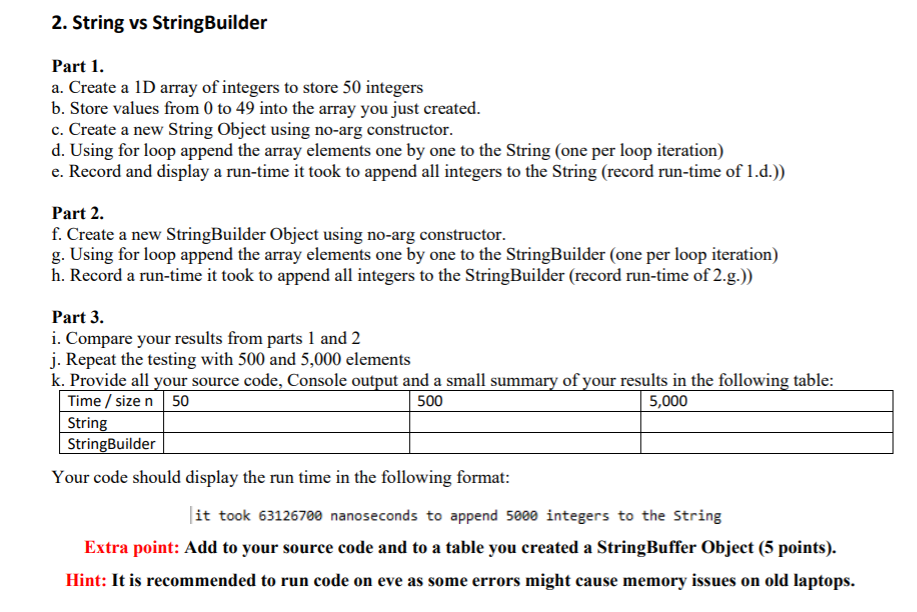 Solved 2. String vs StringBuilder Part 1. a. Create a 1D | Chegg.com