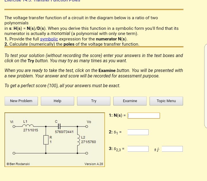 Solved The voltage transfer function of a circuit in the | Chegg.com