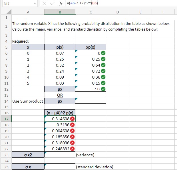 Solved B17 fx=(A6−2.12)∧2∗( B6) A B C D E F 1. The random | Chegg.com