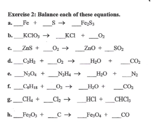 Solved Exercise 2: Balance each of these equations. a. Fe + | Chegg.com