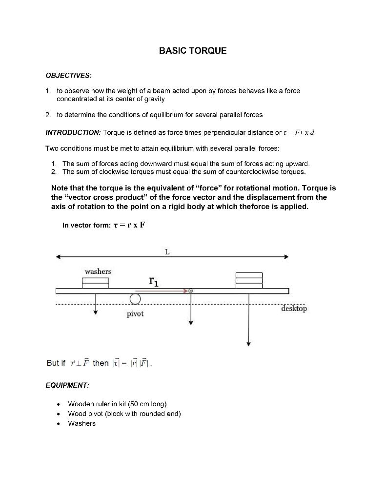 Solved BASIC TORQUE OBJECTIVES: 1. to observe how the weight | Chegg.com