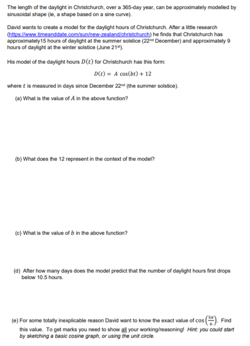 Solved The length of the daylight in Christchurch, over a | Chegg.com