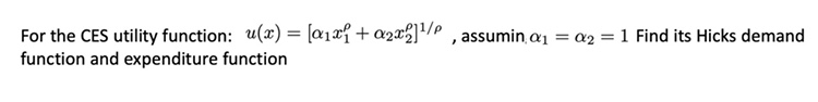 Solved For the CES utility function: u(x)=[α1x1ρ+α2x2ρ]1/ρ, | Chegg.com