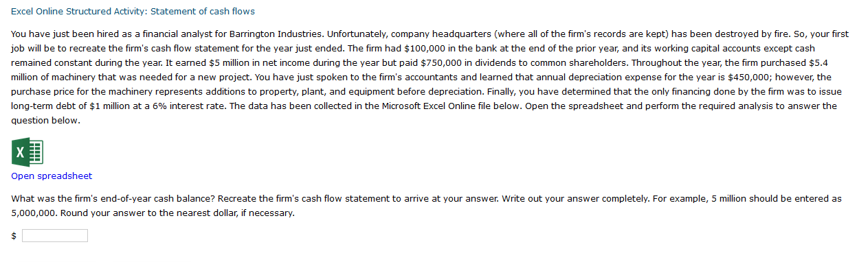 Solved Excel Online Structured Activity: Statement of cash | Chegg.com