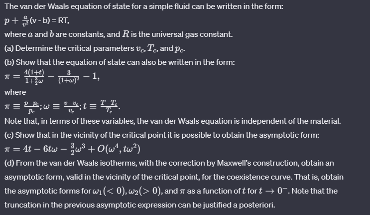 Solved The van der Waals equation of state for a simple | Chegg.com